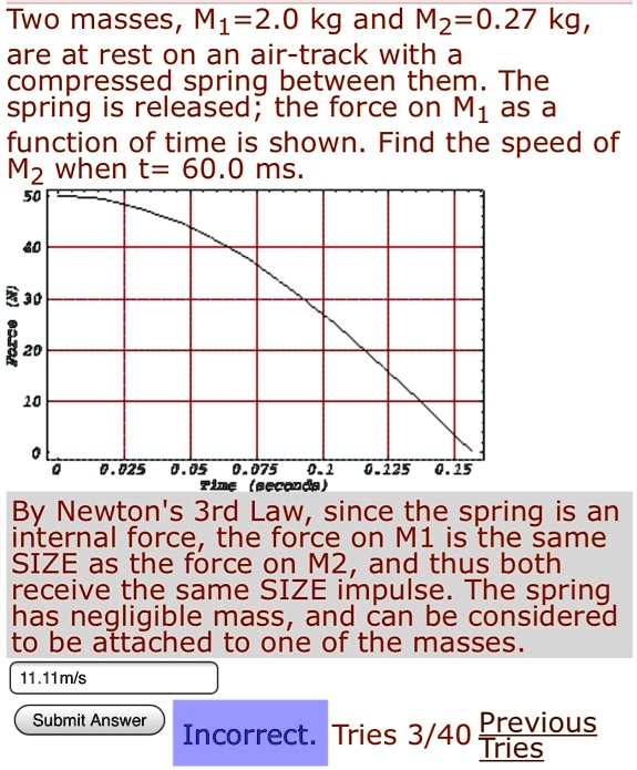 SOLVED: Two masses, M1=2.0 kg and M2=0.27 kg, are at rest on an air-track with a compressed ...