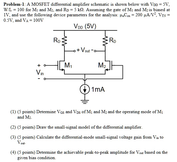 problem 1 a mosfet differential amplifier schematic is shown below with ...