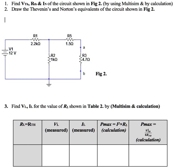 1. Find VTh, Rth IN of the circuit shown in Fig 2. (by using Multisim by calculation) 2. Draw ...