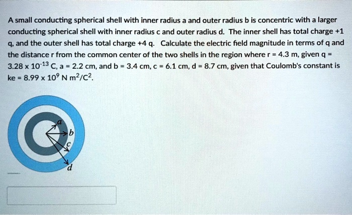 SOLVED: A small conducting spherical shell with inner radius and outer radius b is concentric ...