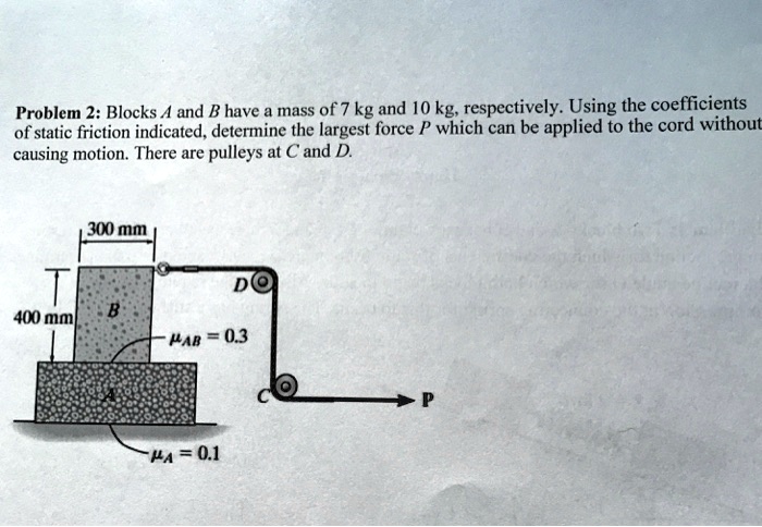 Problem 2: Blocks A and B have a mass of 7 kg and 10 kg, respectively. Using the coefficients of ...