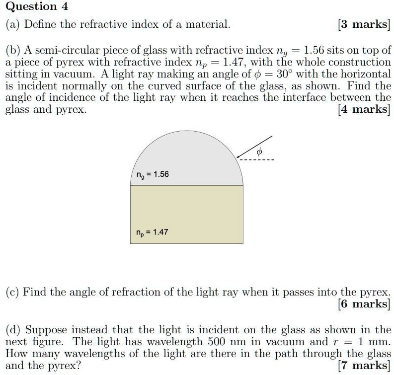 SOLVED: Question 4 (a) Define the refractive index of a material. [3 marks] (b) A semi-circular ...
