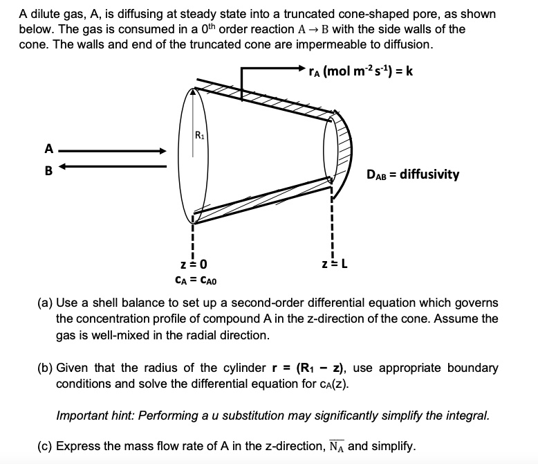 SOLVED: A dilute gas, A, is diffusing at steady state into a truncated ...
