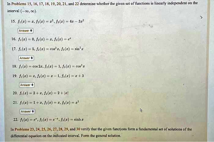 in problems 15 16 17 18 19 20 21 and 22 determine whether the given set of functions is linearly ...