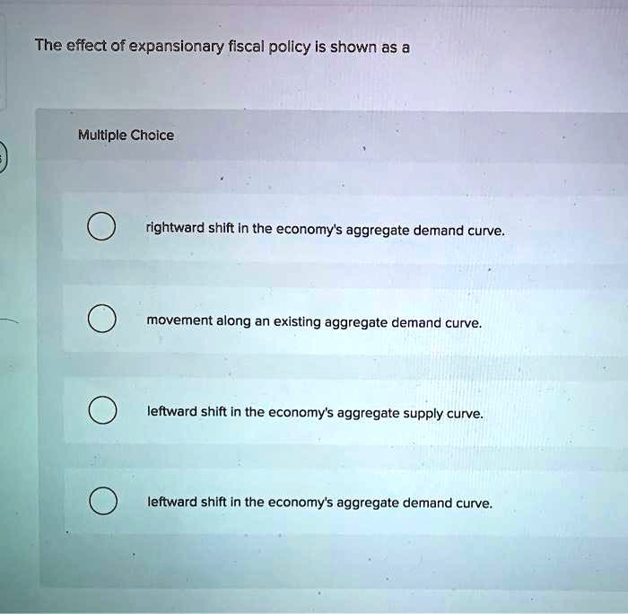 SOLVED: The effect of expansionary fiscal policy is shown as a Multiple Choice rightward shift ...