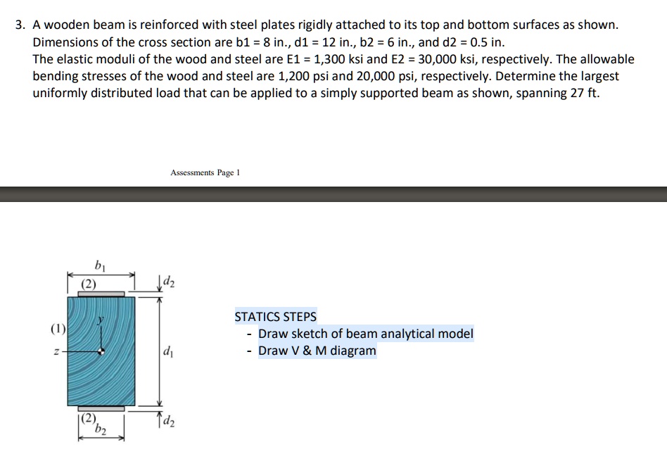 3. A wooden beam is reinforced with steel plates rigidly...
