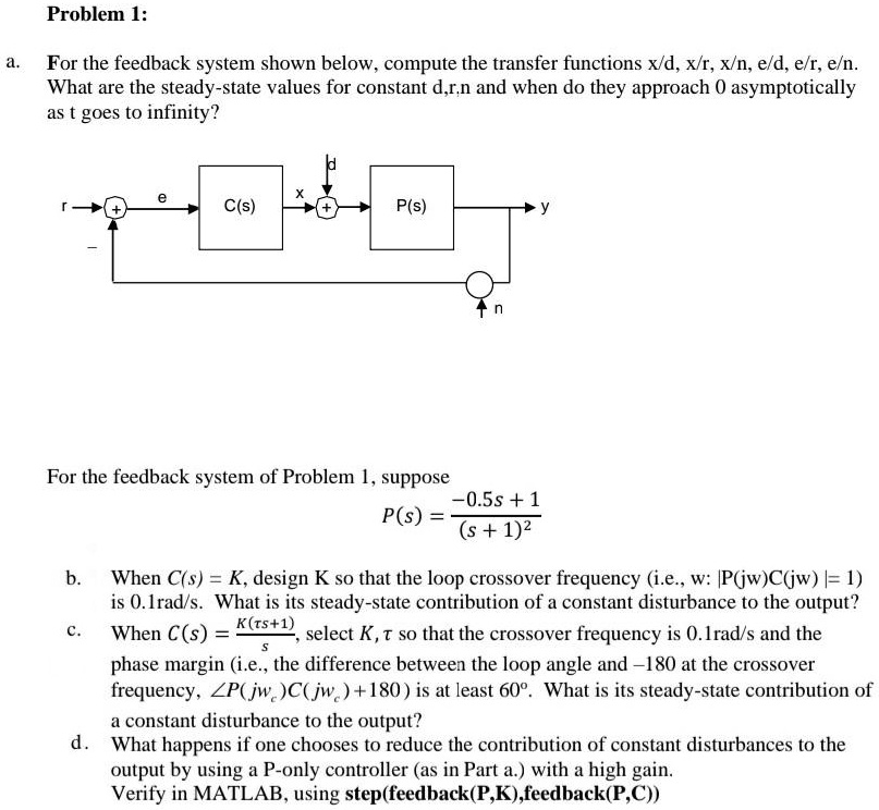 SOLVED: Problem 1: a. For the feedback system shown below, compute the transfer functions x/d, x ...
