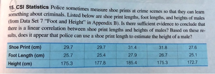 SOLVED: 15. CSI Statistics Police sometimes measure shoe prints at ...
