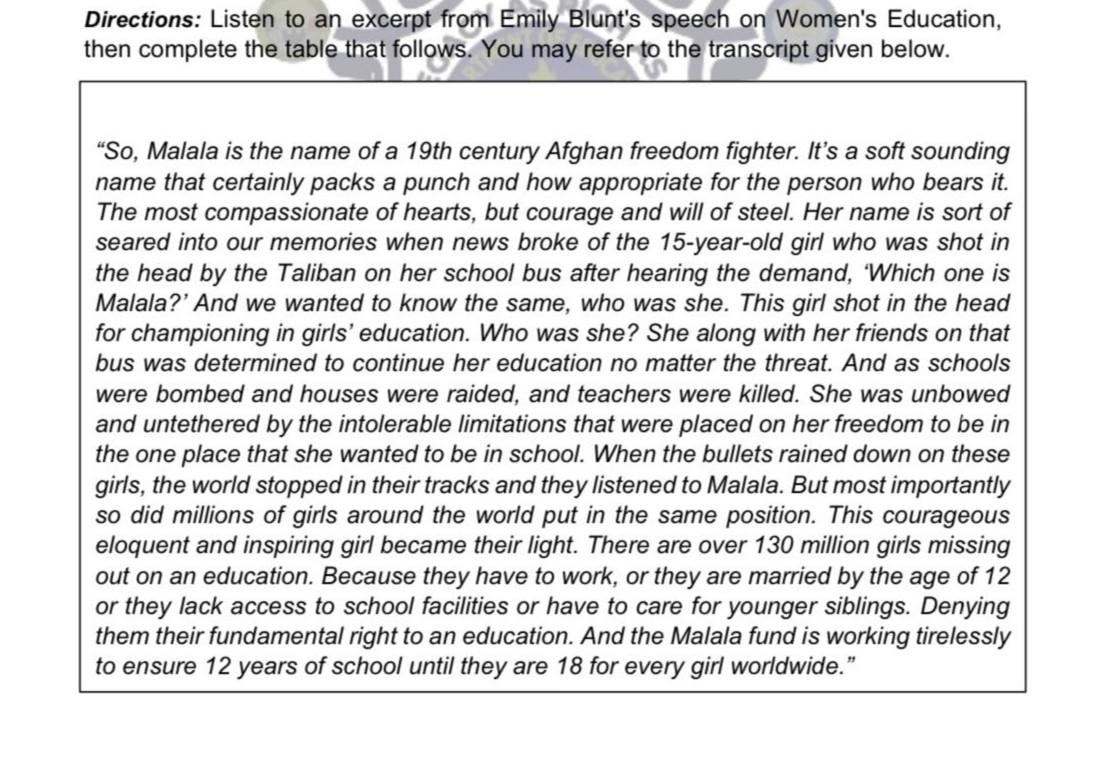 SOLVED: Directions: Listen to an excerpt from Emily Blunt's speech on ...