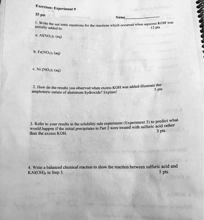 SOLVED: Exercise: Experiment 25 pts Write the net ionic equations for ...