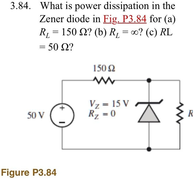 SOLVED: 3.84. What is power dissipation in the Zener diode in Fig. P3 ...