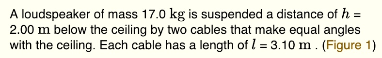 A loudspeaker of mass 17.0 kg is suspended a distance of h = 2.00 m ...
