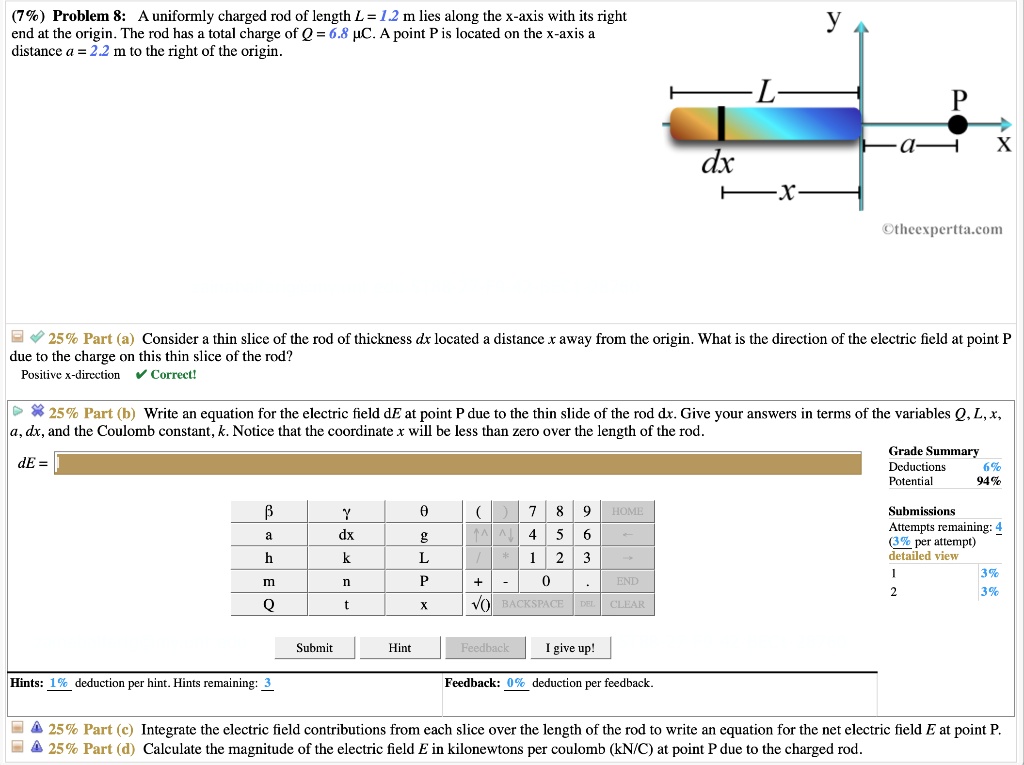 problem a uniformly charged rod of length l 12 m lies along the x axis ...