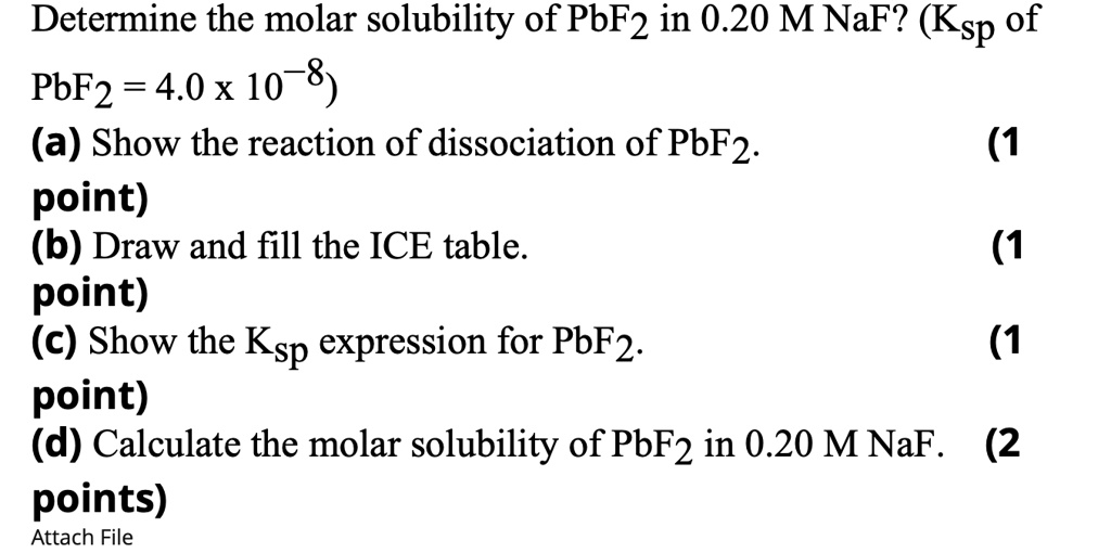 SOLVED: Determine the molar solubility of PbF2 in 0.20 M NaF? (Ksp' of ...