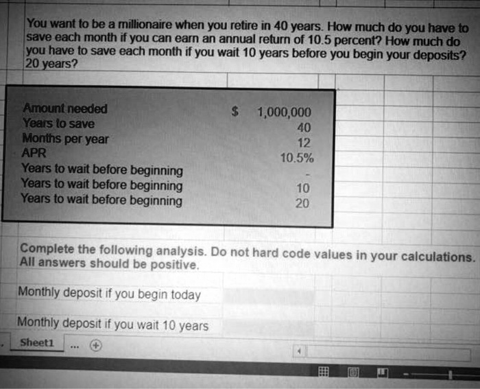 SOLVED: PLEASE SHOW CALCULATIONS USING EXCEL. You want to be a millionaire when you retire in 40 ...