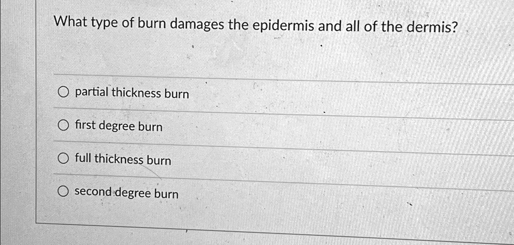 SOLVED: What type of burn damages the epidermis and all of the dermis ...