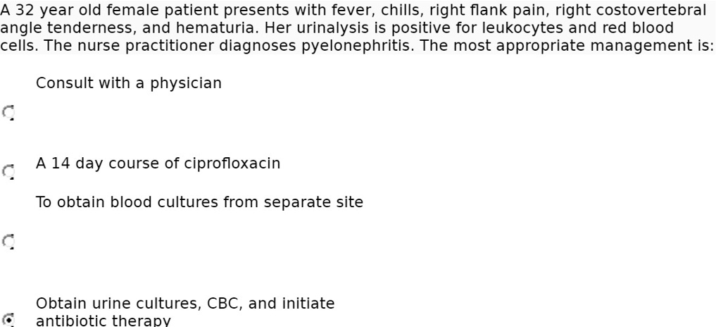 a 32 year old female patient presents with fever chills right flank ...