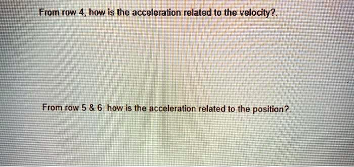 SOLVED: From row 4, how is the acceleration related t0 the velocity ...