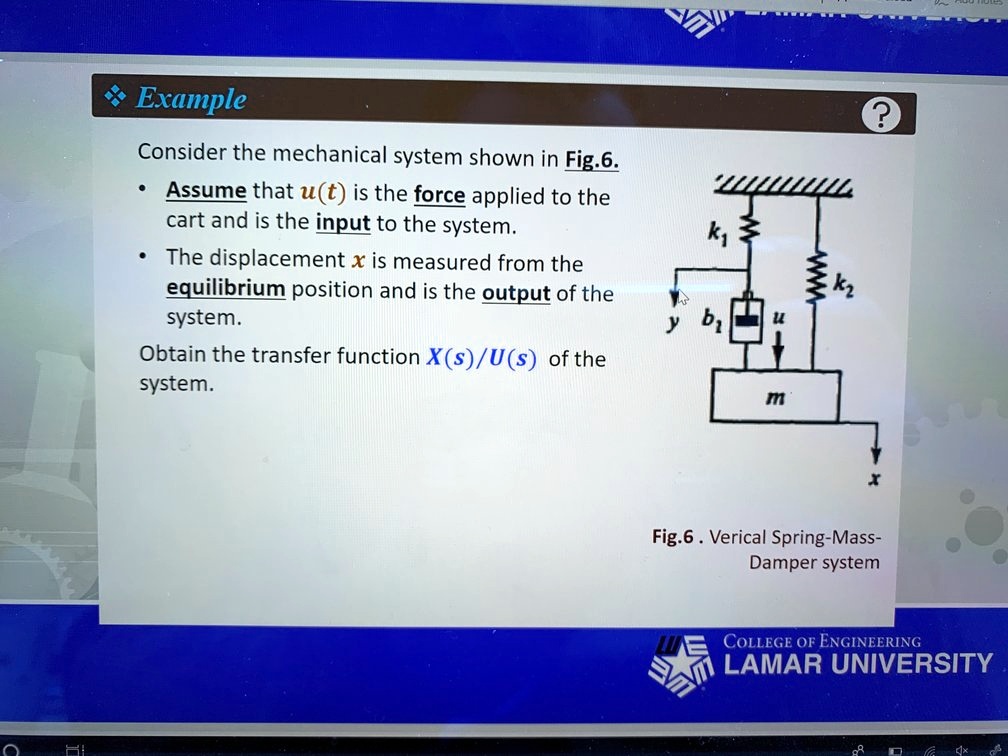 SOLVED: Consider the mechanical system shown in Fig. 6. Assume that u(t) is the force applied to ...