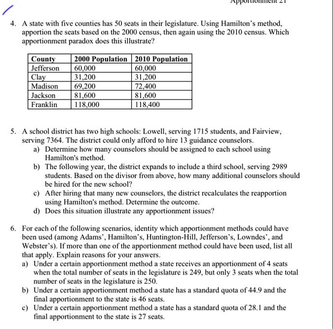 SOLVED: A state with five counties has 50 seats in their legislature ...