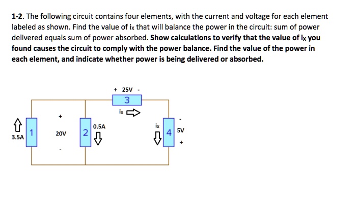 SOLVED: Linear Circuits I 1-2. The following circuit contains four elements, with the current ...