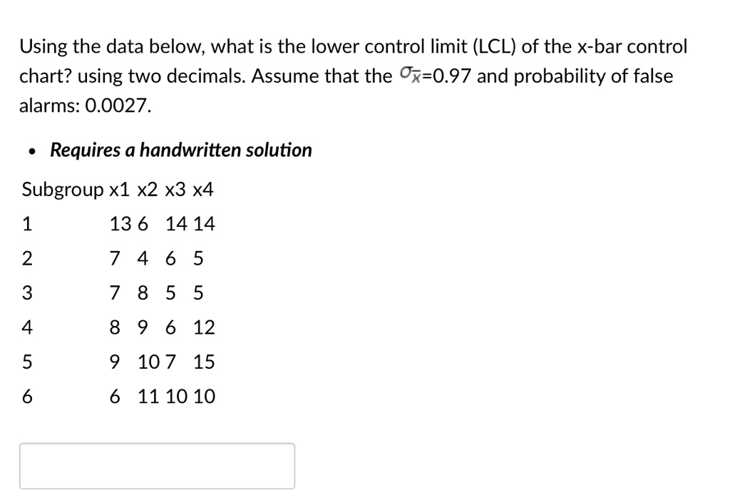 SOLVED: Using the data below, what is the lower control limit (LCL) of the x-bar control chart ...