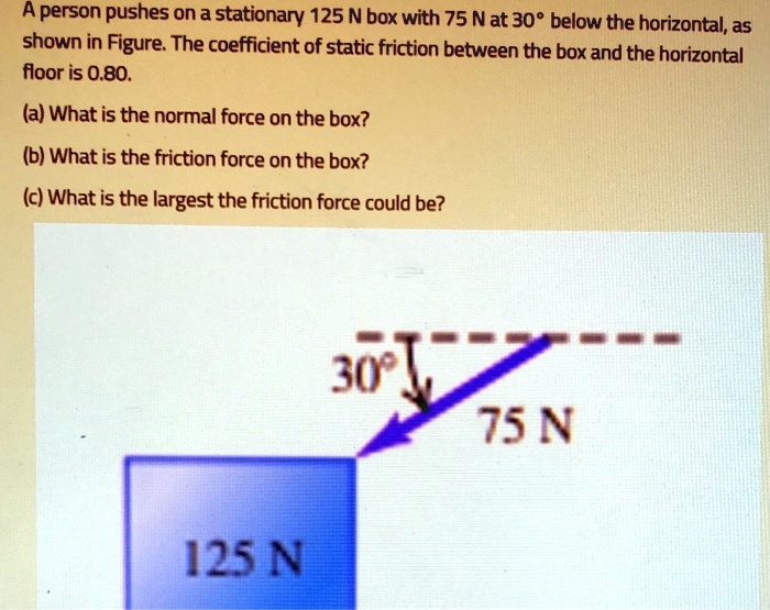 SOLVED: A person pushes on a stationary 125 N box with 75 N at 30Â° below the horizontal, as ...