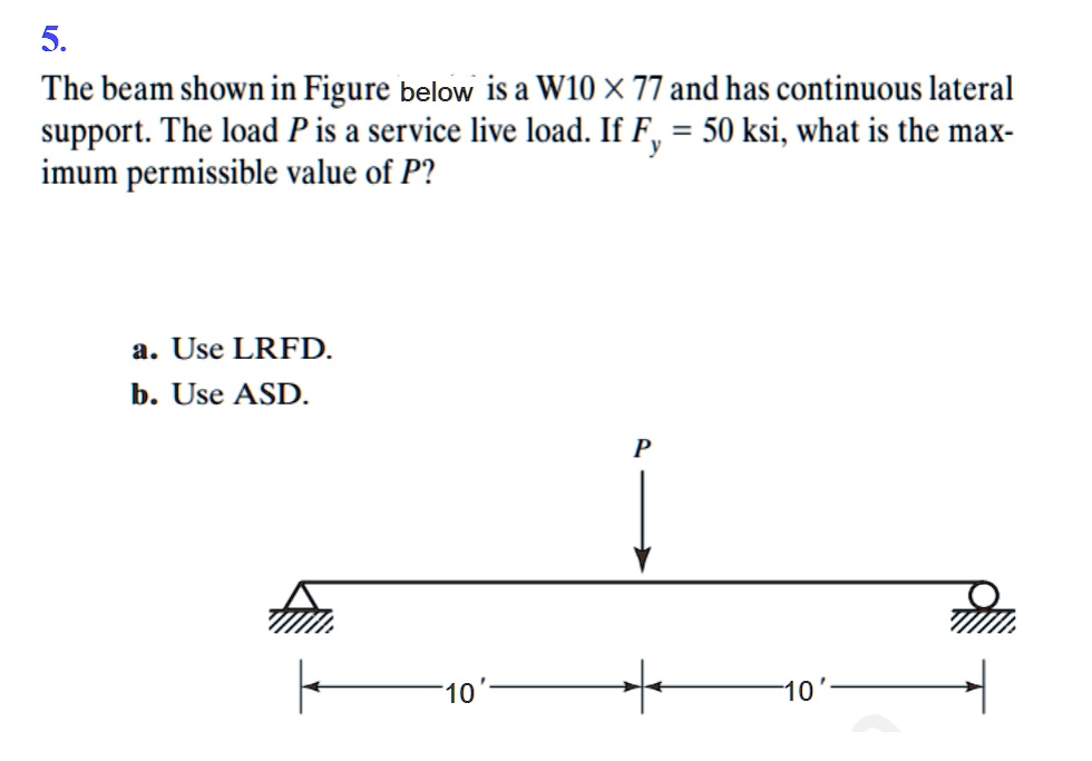 5. The beam shown in Figure below is a W10 × 77 and has continuous lateral support. The load P ...