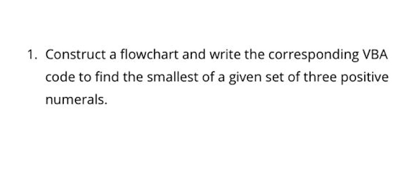 Solved Construct A Flowchart And Write The Corresponding Vba Code To Find The Smallest Of A 3336