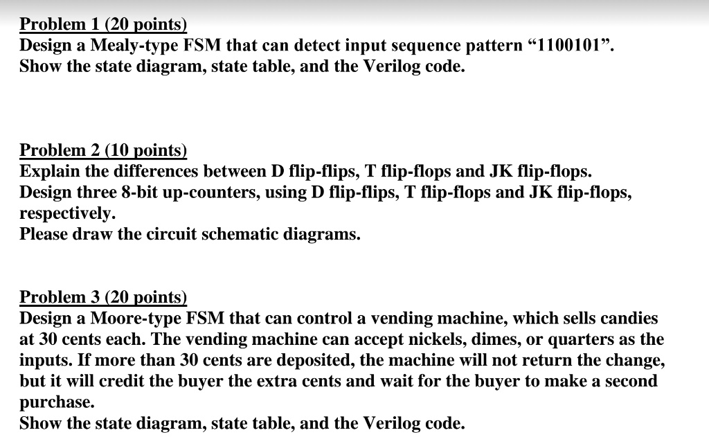 Problem 1 (20 points) Design a Mealy-type FSM that can detect input sequence pattern "1100101 ...