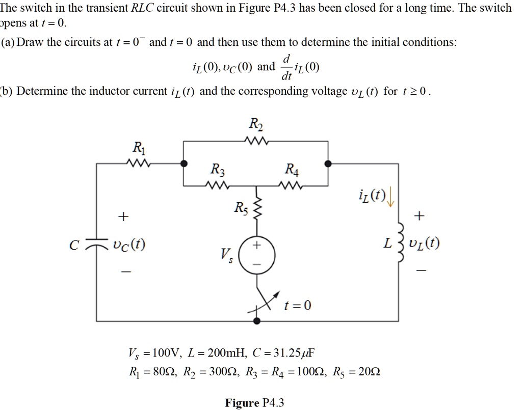 SOLVED: The switch in the transient RLC circuit shown in Figure P4.3 has been closed for a long ...