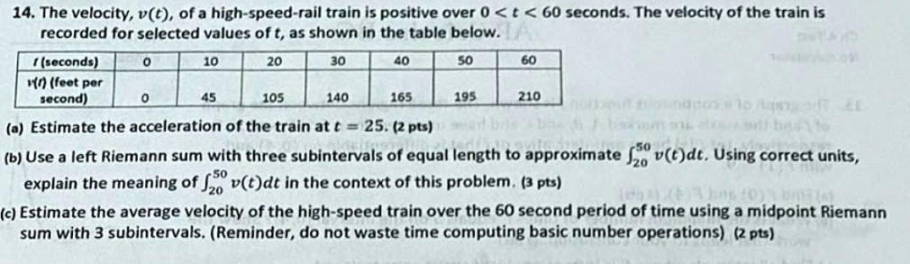 14 the velocity vt of a high speed rail train is positive over 0 t 60 ...