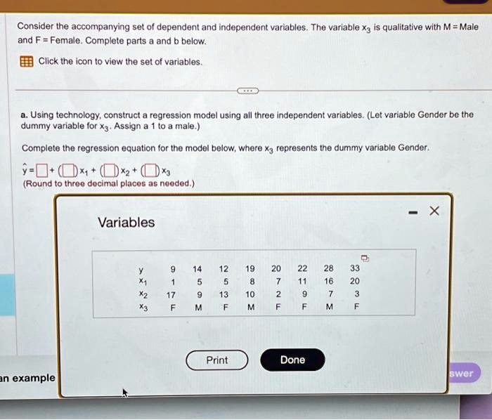 Consider the accompanying set of dependent and independent variables ...