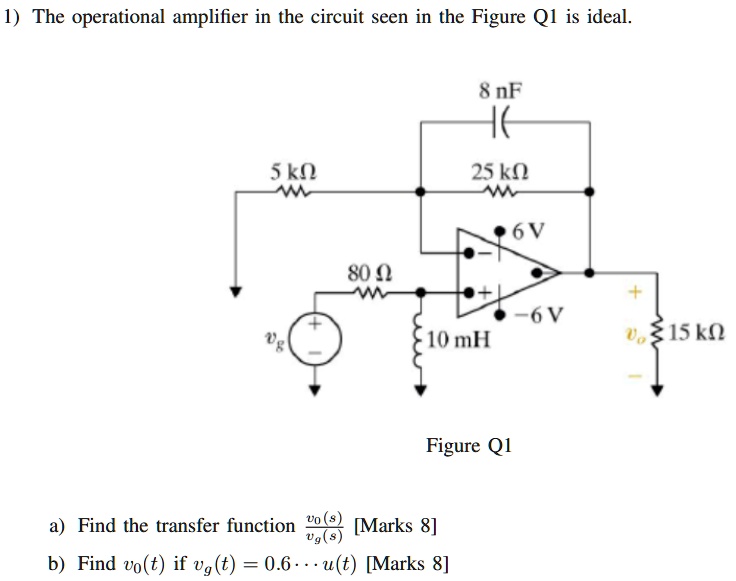 1) The operational amplifier in the circuit seen in the Figure Q1 is ideal. 8 nF 5 k? 25 k? 6V ...