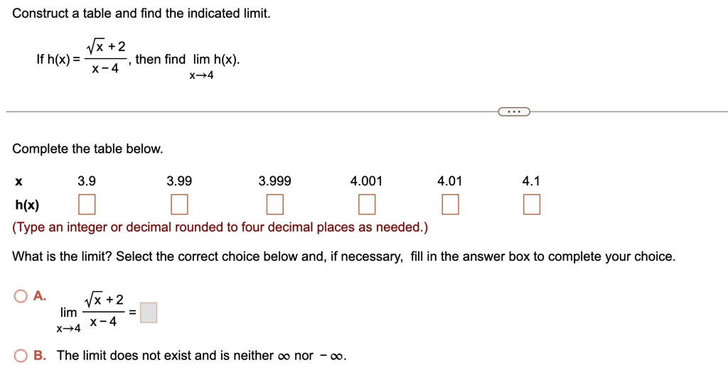 SOLVED: Construct a table and find the indicated limit Vx+2 If h(x) x>4 Complete the table below ...