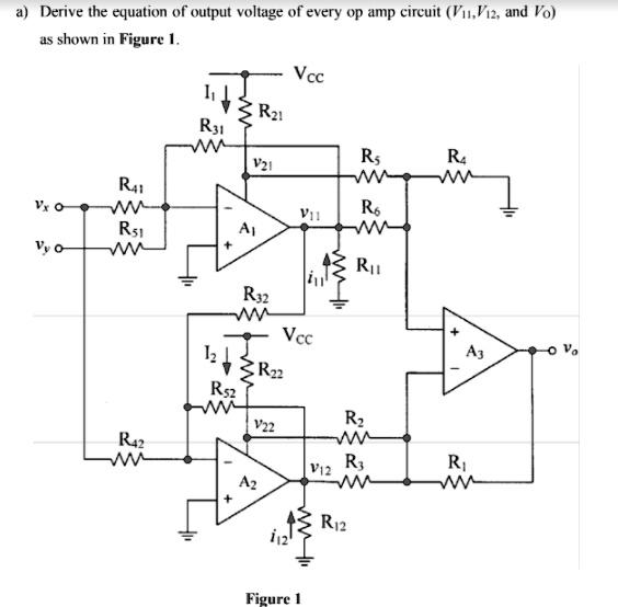 a) Derive the equation of output voltage of every op amp circuit (V11, V12, and Vo) as shown in ...