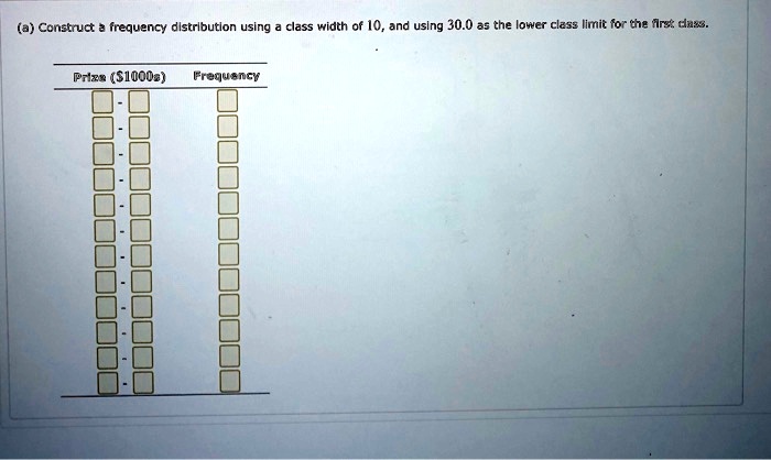 SOLVED: Construct frequency distribution using class width of 10, and using 30.0 as the lower ...