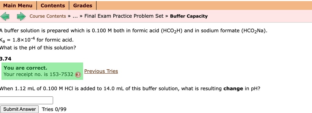 Main Menu Contents Grades Course Contents >>> >> Final Exam Practice Problem Set >> Buffer ...