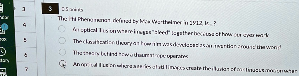 The Phi Phenomenon, defined by Max Wertheimer in 1912, is....? An ...