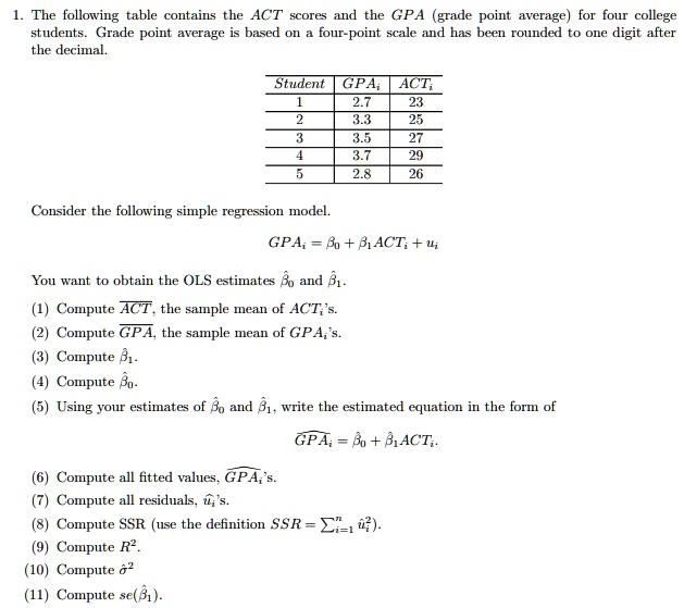 SOLVED: The following table contains the ACT scores and the GPA (grade point average) for four ...