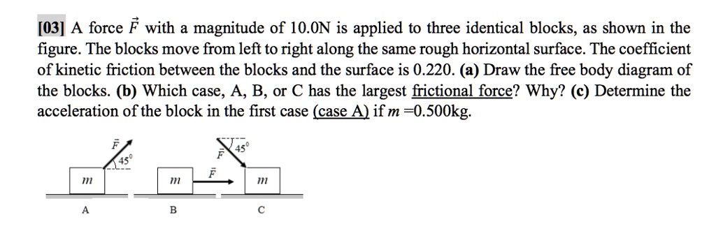 SOLVED: A force F with a magnitude of 10 N is applied to three identical blocks, as shown in the ...