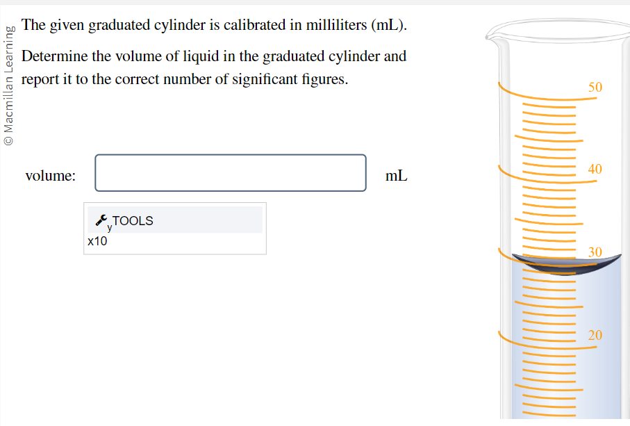 The given graduated cylinder is calibrated in milliliters (mL ...