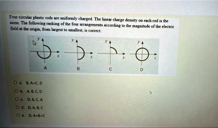SOLVED: Four circular plastic rods are uniformly charged. The linear charge density on each rod ...