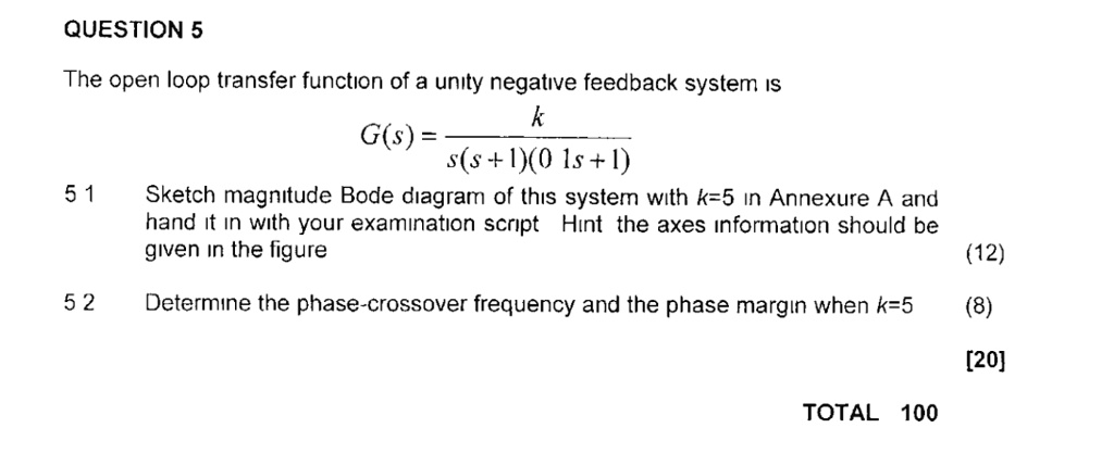 QUESTION 5 The open loop transfer function of a unity negative feedback system is G(s) = (k)/(s ...