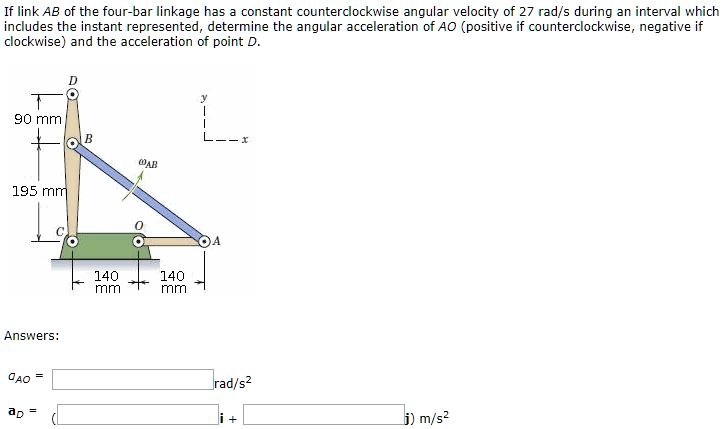 SOLVED: If link AB of the four-bar linkage has a constant counterclockwise angular velocity of ...