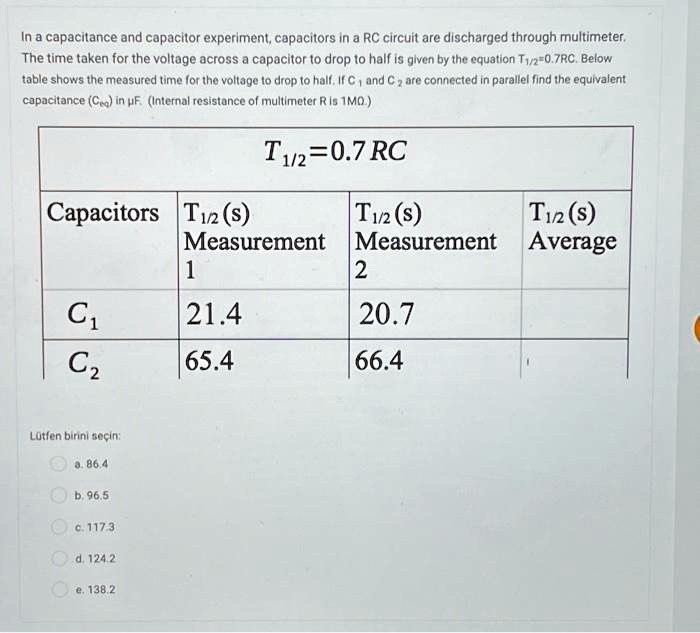 SOLVED: In a capacitance and capacitor experiment, capacitors in an RC ...