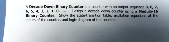 A Decade Down Binary Counter is a counter with an output sequence 9, 8, 7, 6, 5, 4, 3, 2, 1, 0 ...