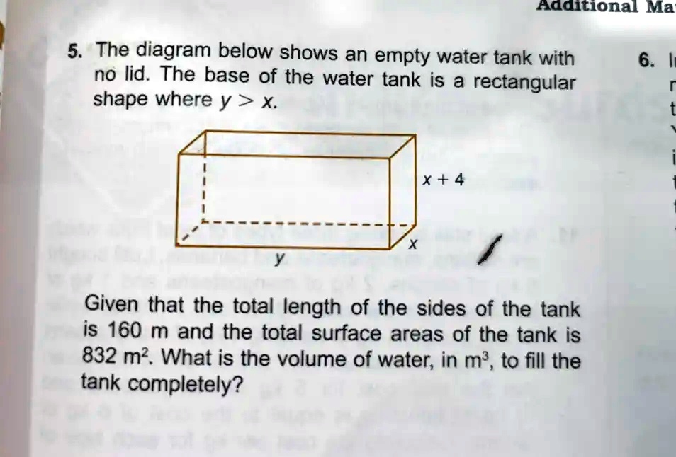 SOLVED: Additional Math 5. The diagram below shows an empty water tank ...