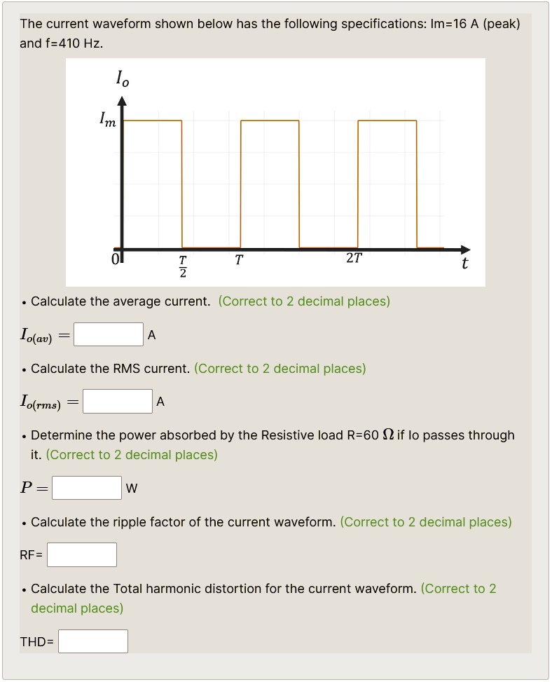 SOLVED: The current waveform shown below has the following specifications: Im=16 A (peak) and f ...