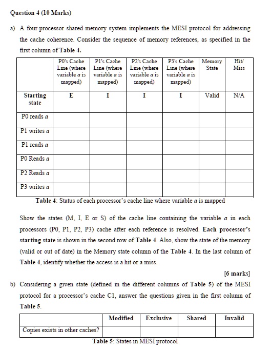 Question 4 (10 Marks) a) A four-processor shared-memory system implements the MESI protocol for ...